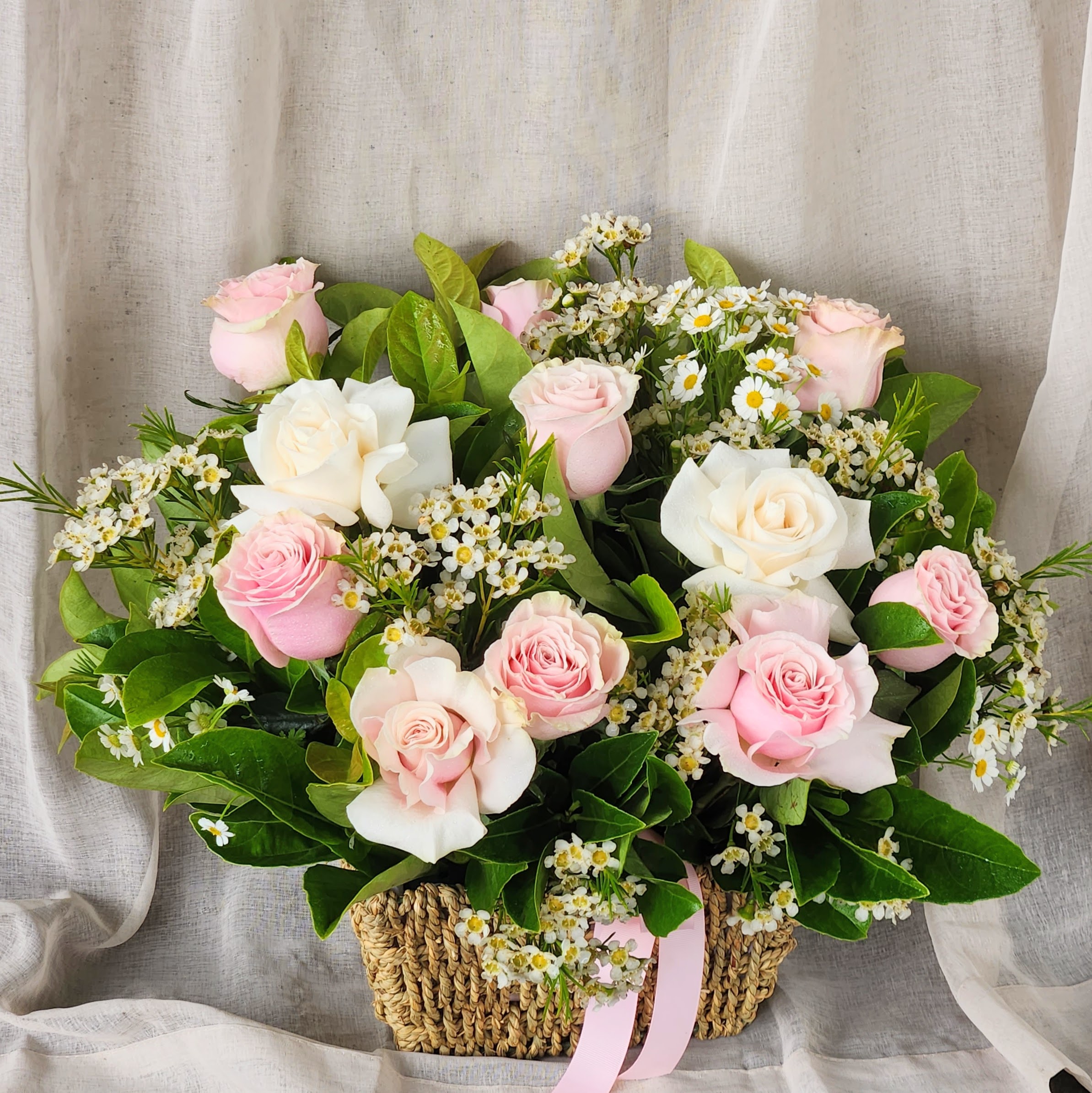 Roses & Babys Breath In A Basket | Flowers With Passion