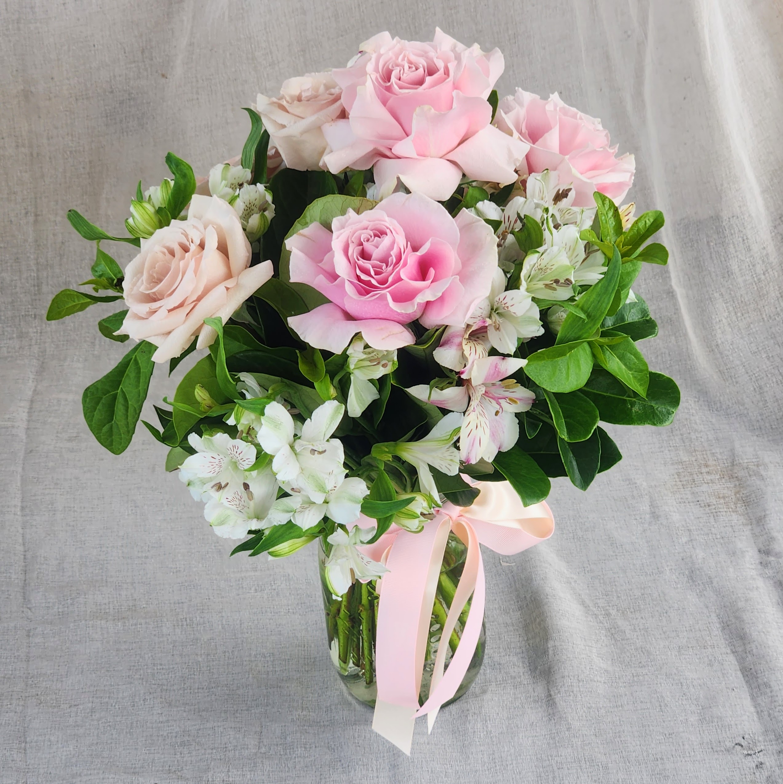 Pastel Pink Roses & Baby's Breath In A Jar | Flowers With Passion Sydney